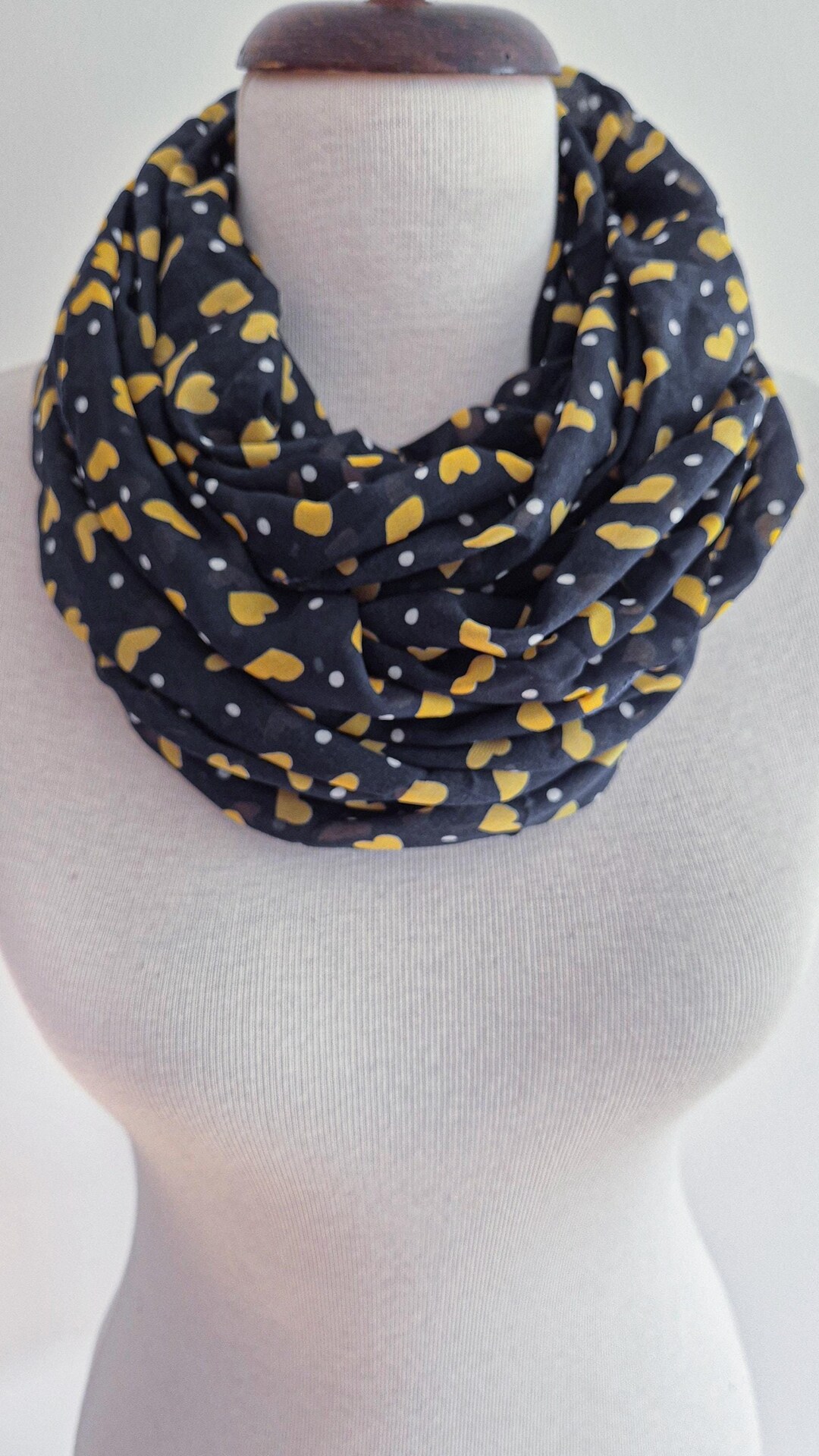 Navy Blue Chiffon Infinity Scarf: Yellow Heart Print Loop Scarf - Etsy