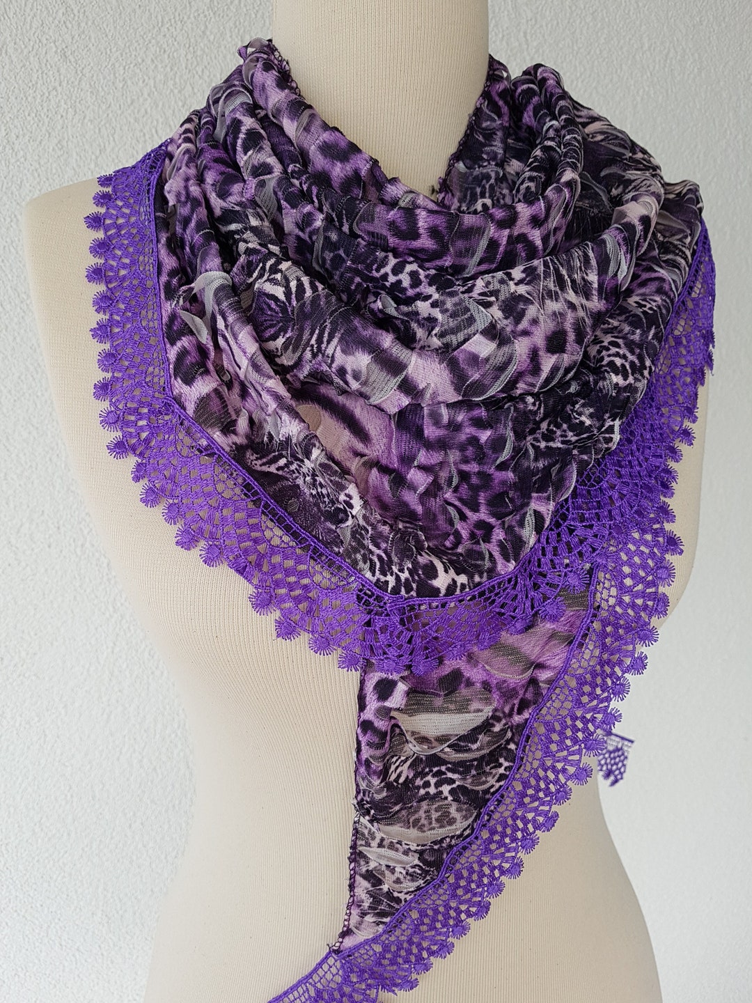 Lilac Distressed Leopard Print Triangle Scarf Wrap Purple Cheetah Scarf ...