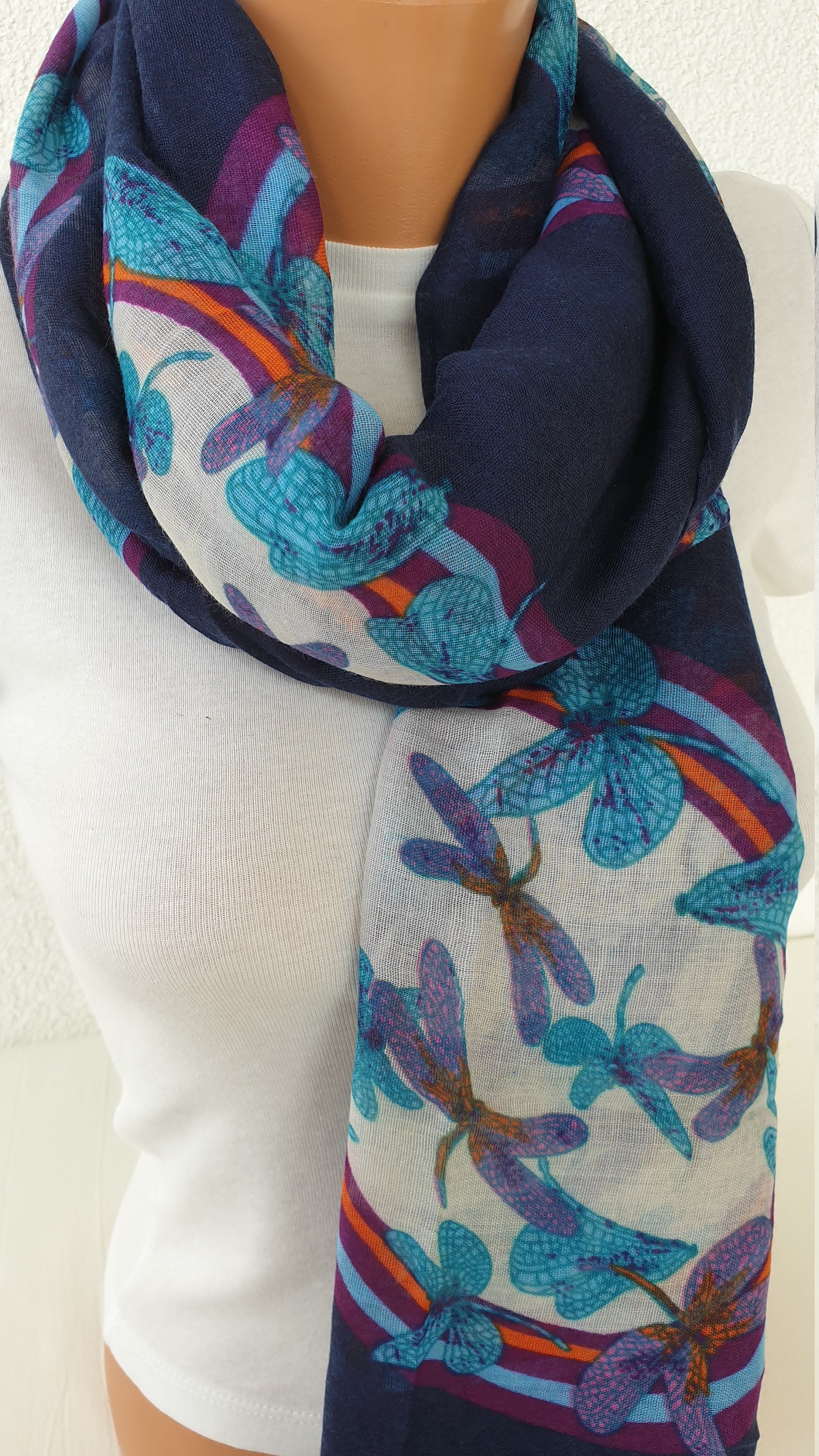 Dark Blue DRAGONFLY Print Cotton Scarf/lightweight Gift for | Etsy