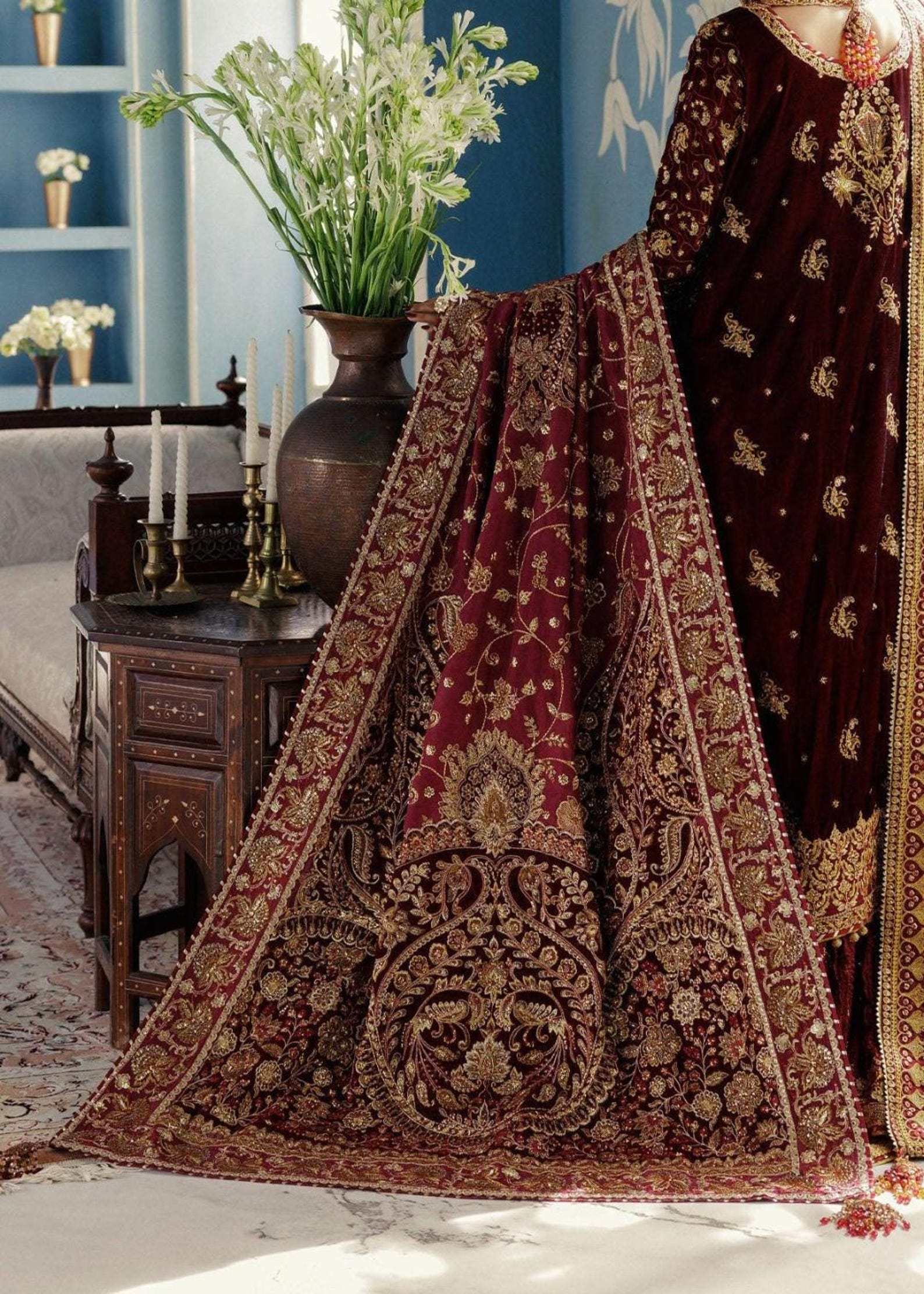 Pakistani Bridal Gold Tissue Shawl With Multicolour Hand Embroidery ...