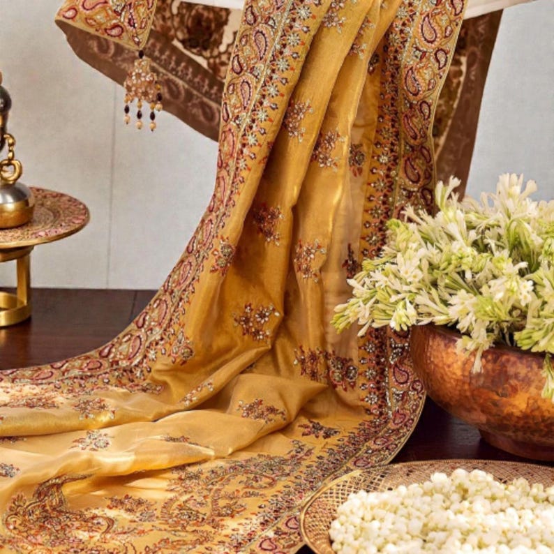 Pakistani Bridal Gold Tissue Shawl With Multicolour Hand Embroidery ...