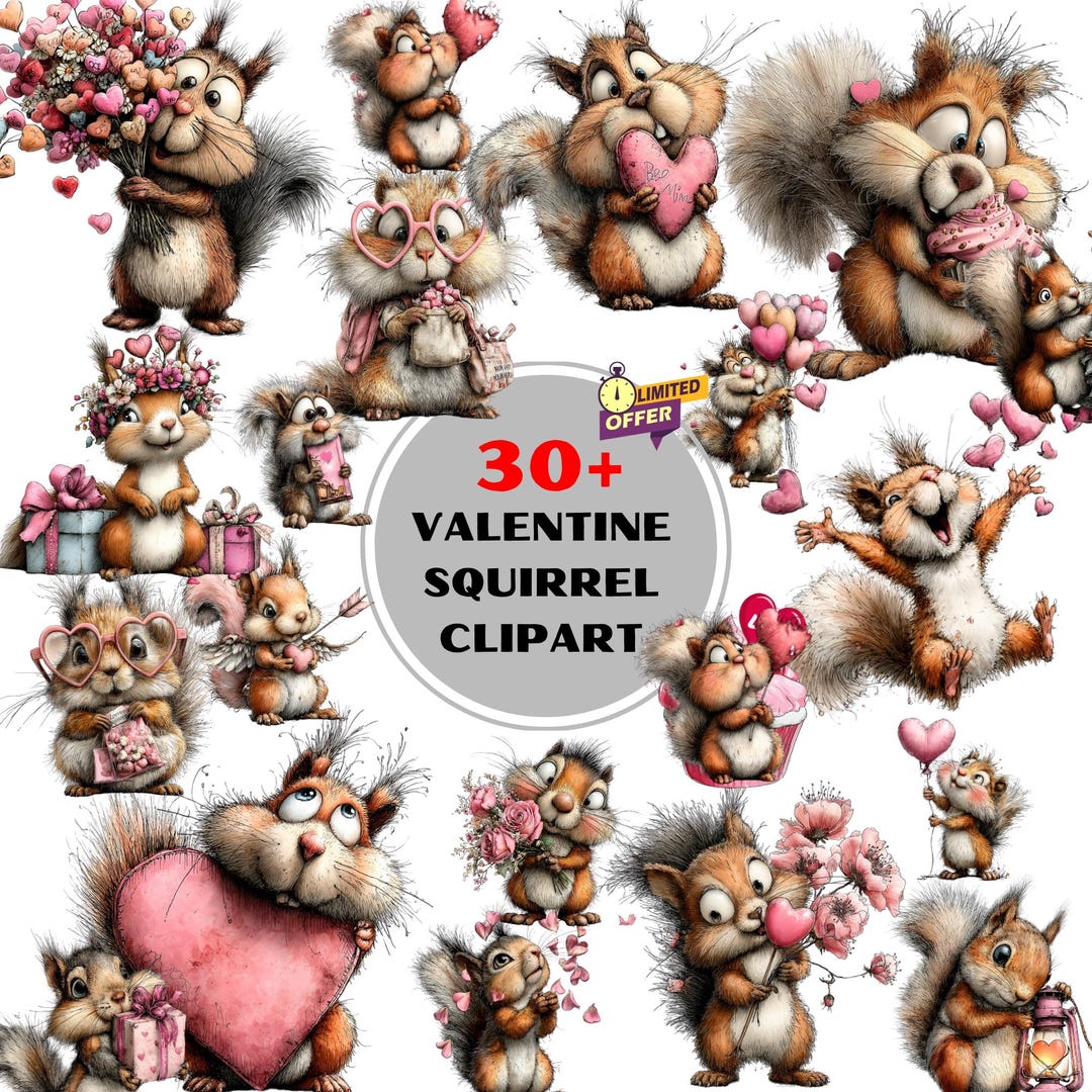 30+ Valentine Cute Squirrel Animal Clipart Bundle, Romantic Love PNG ...