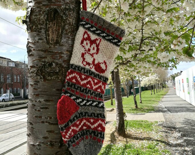 Knitted Fox Christmas Stocking Pure Wool Fair Isle Grey - Etsy