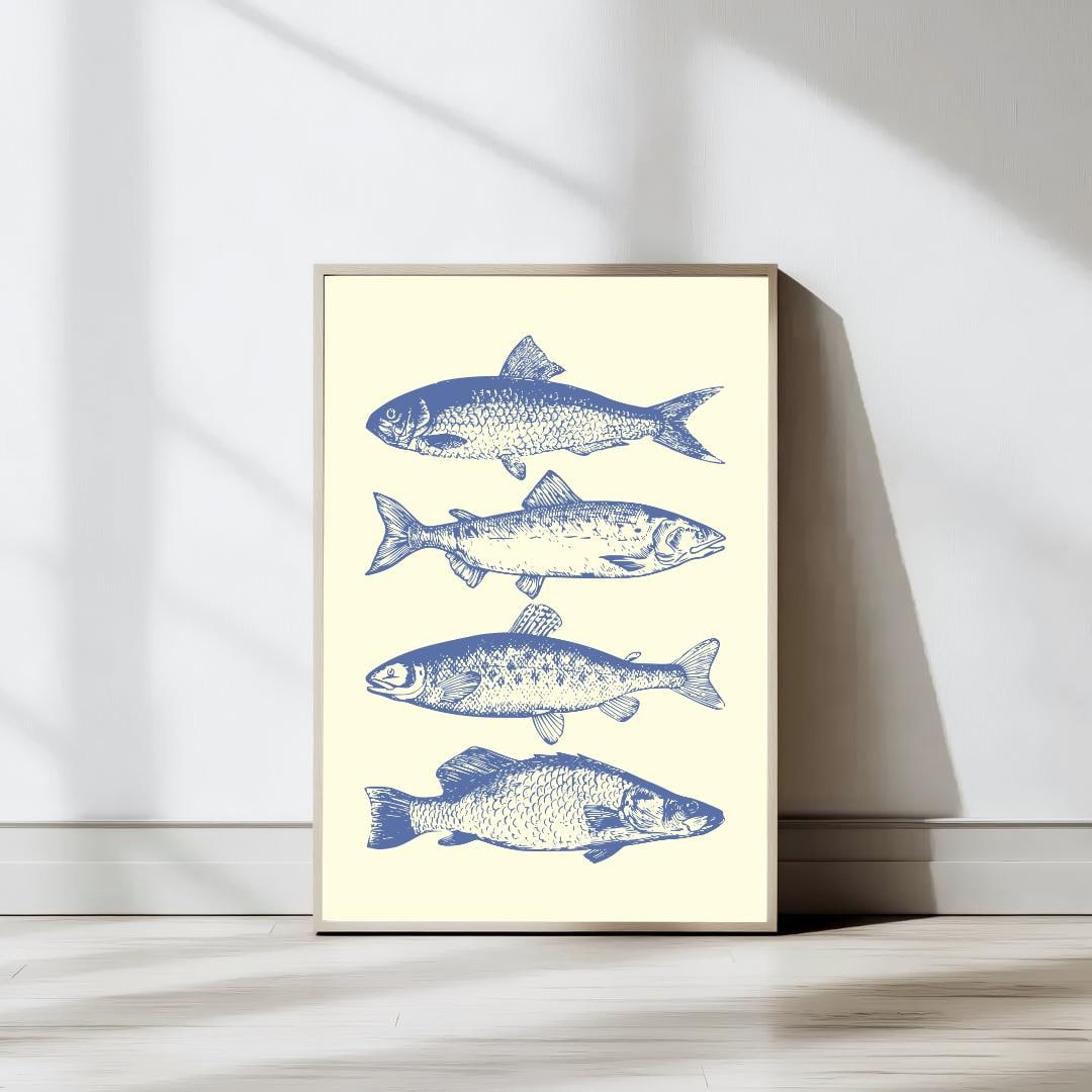 Blue Fish Prints, Vintage Style Fish Print, Coastal Wall Art, Ocean ...