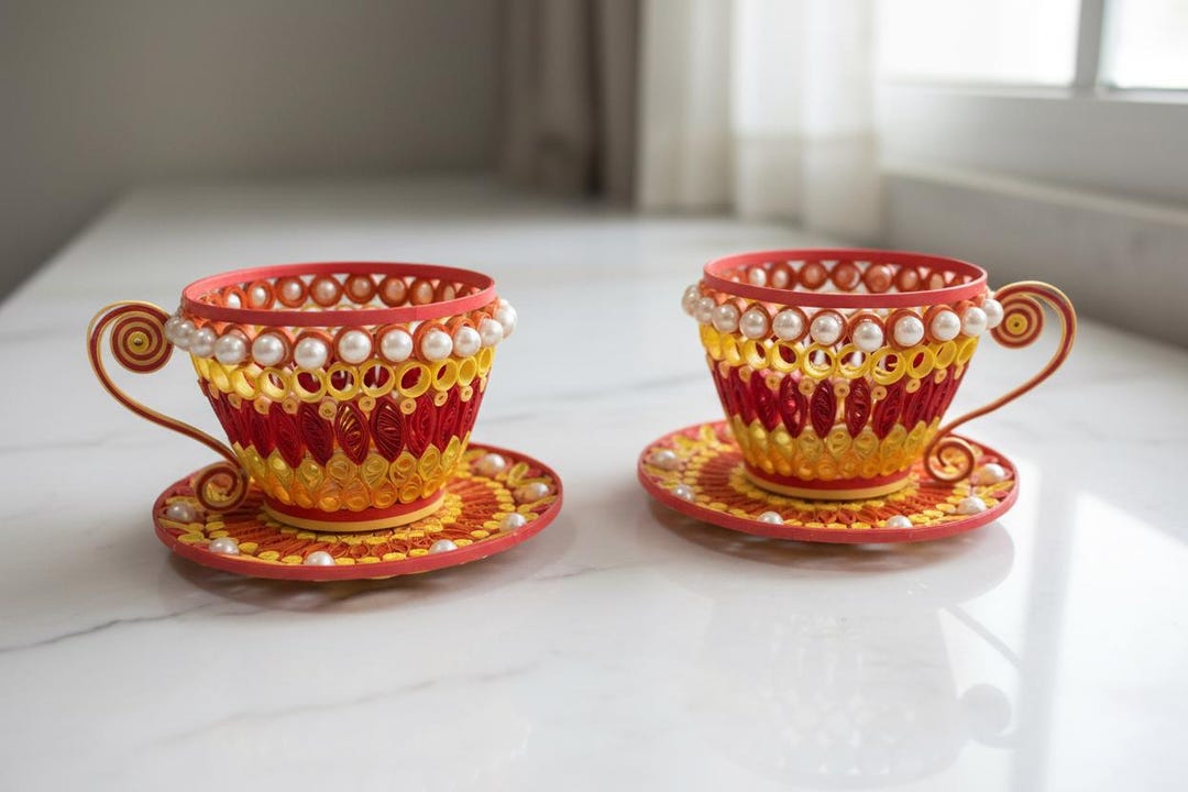 Handmade Paper Quilling Tea Cup Saucer Set | Red Yellow Orange Pearl ...