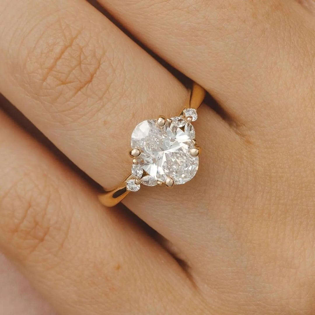 Oval Moissanite Engagement Ring, Seven Stone Engagement Ring, Solid ...