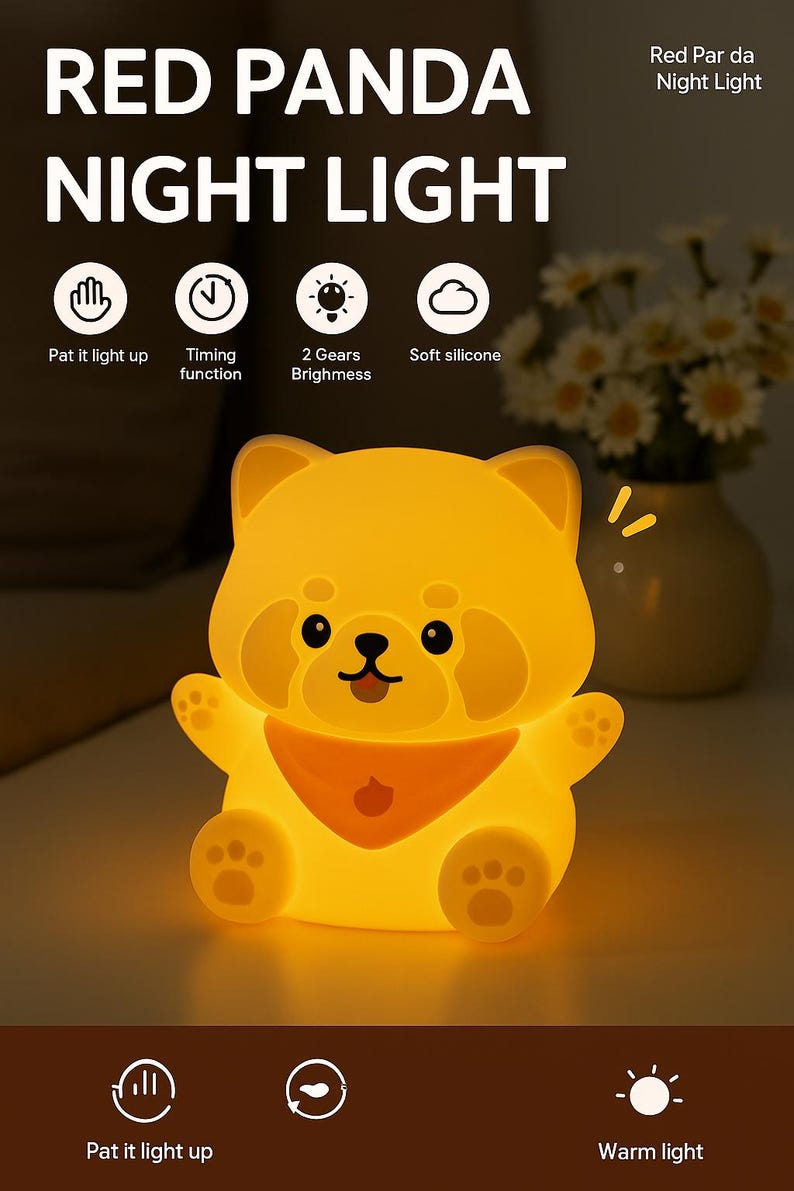 Cute Red Panda/ Fox Silicone Night Light – USB Rechargeable LED Bedside ...