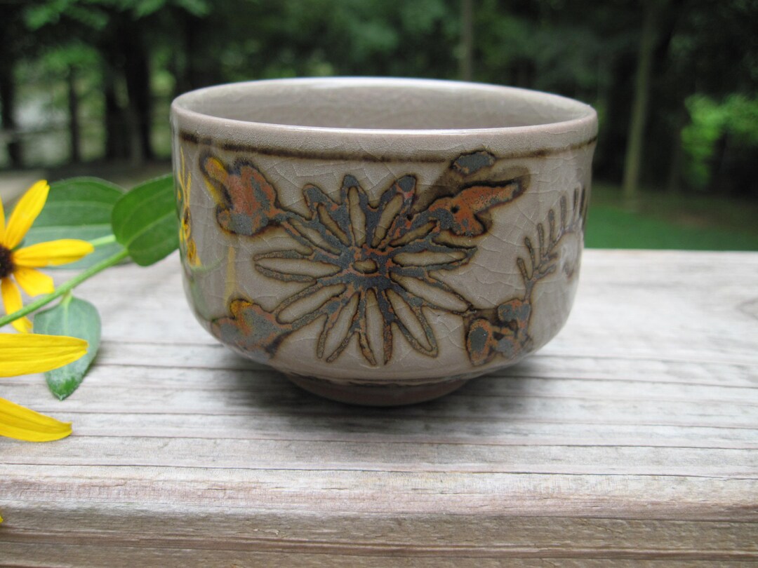 Japanese Pottery Sake Cup, Miso Bowl Vessel, Gray Taupe With Enameled ...