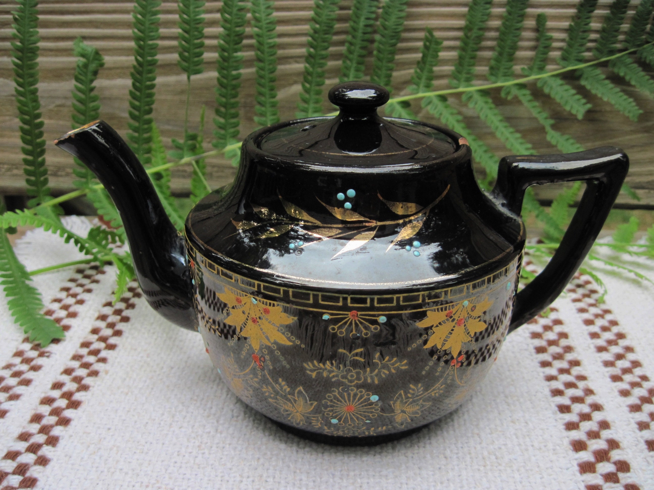 Vintage Japanese Moriage Floral Teapot Redware Pottery Black - Etsy