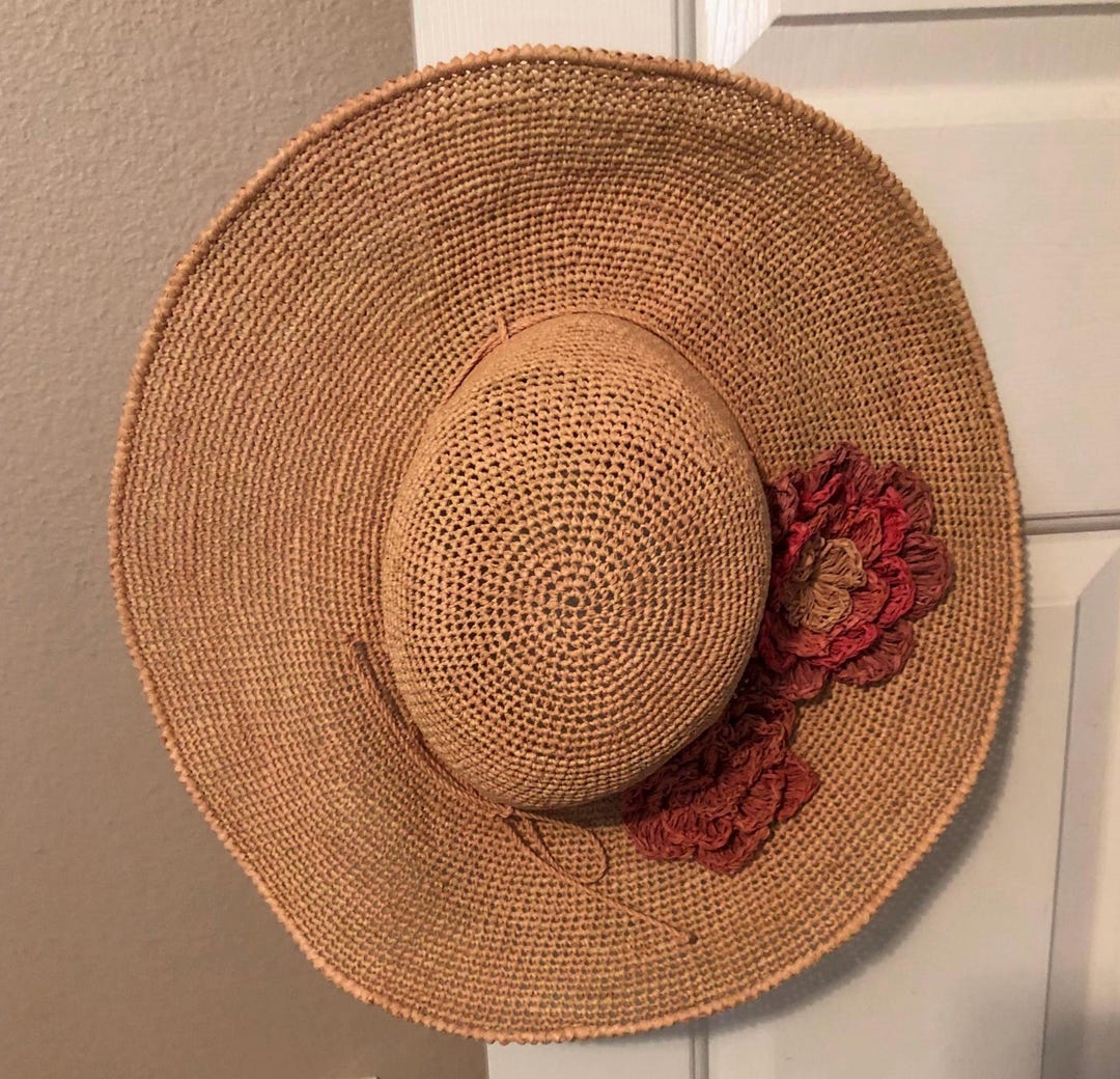 Helen Kaminski Natural Wide Brim Straw Hat W/ Pink Flowers Adjustable Fit Women's Packable ...