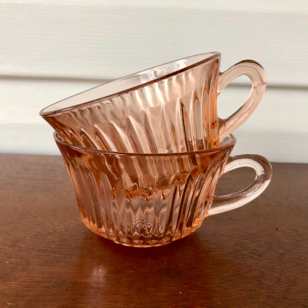 2 Hocking Glass Co. Pink Ribbed Glass Cups, Queen Mary Pink Depression ...