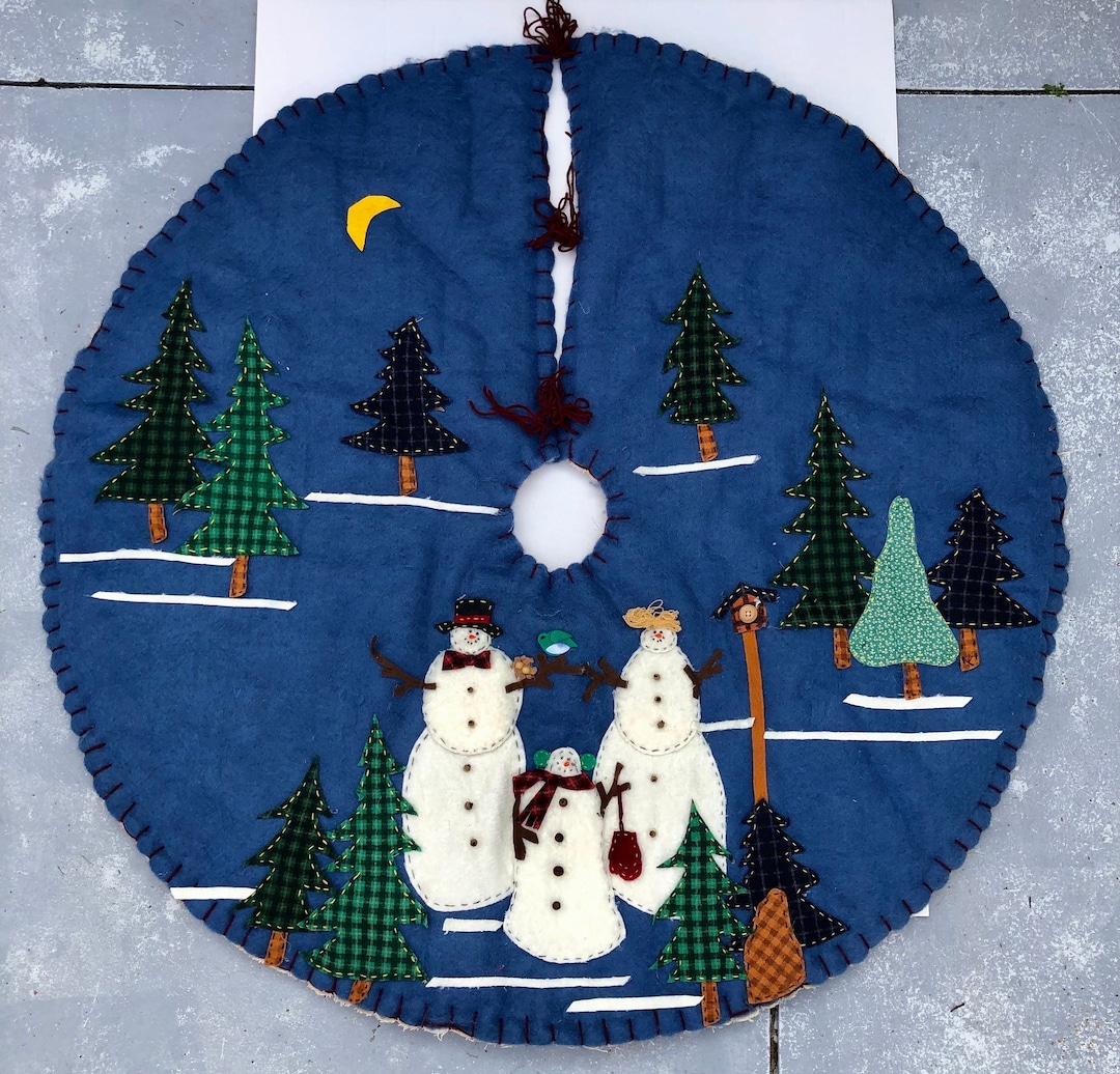 Felted Wool Handmade Christmas Tree Skirt, Snowman and Trees Theme ...