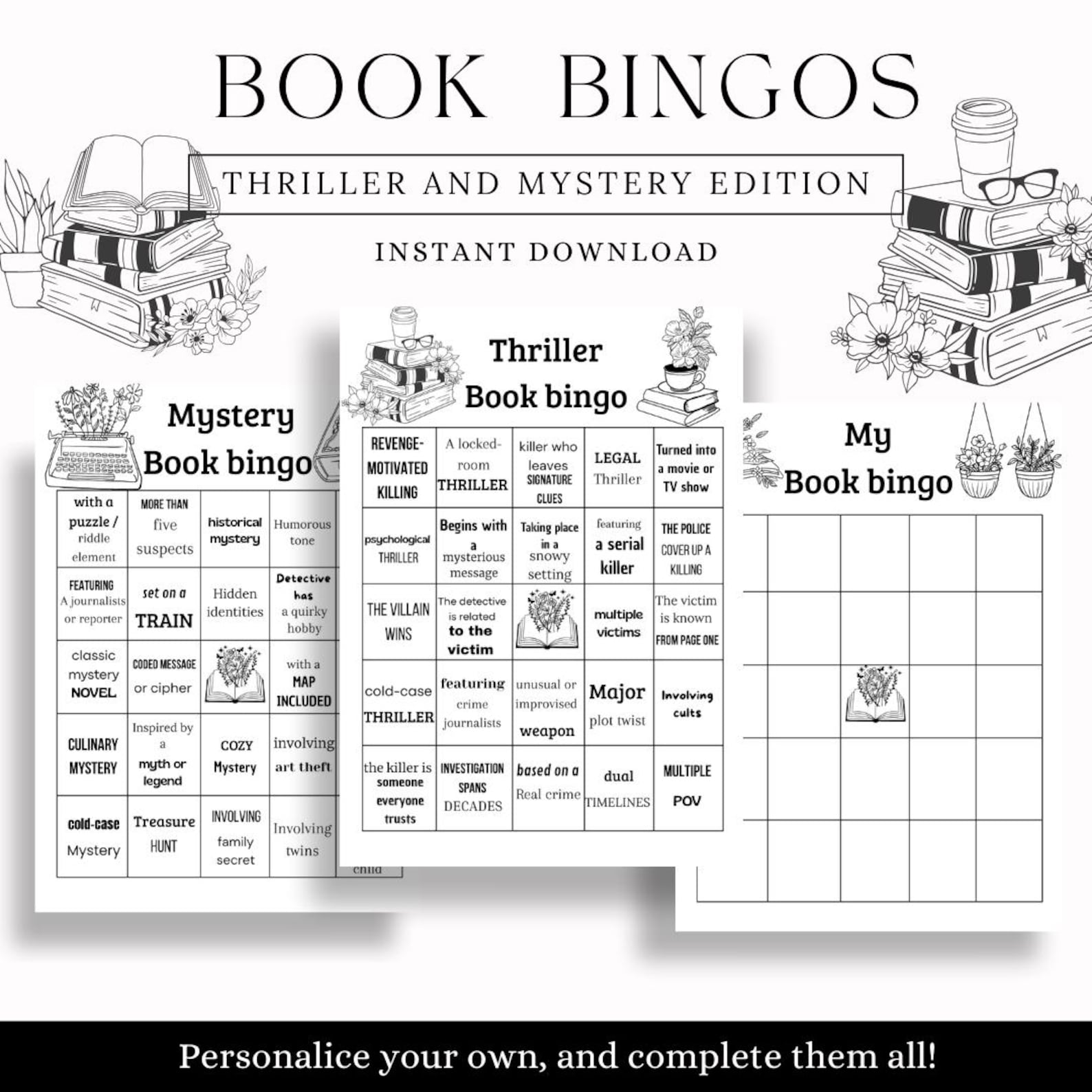 Thriller & Mystery Book Bingo Printable | Reading Challenge Cards ...