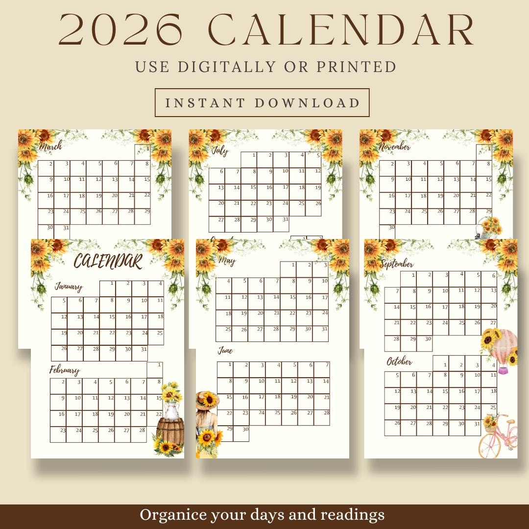 2026 Sunflower Calendar: Floral Printable Planner (digital Download) - Etsy