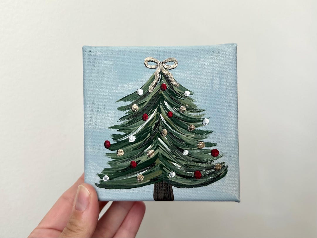 Mini Christmas Tree Painting 1, Vintage Holiday Art, 4x4 Canvas Artwork ...