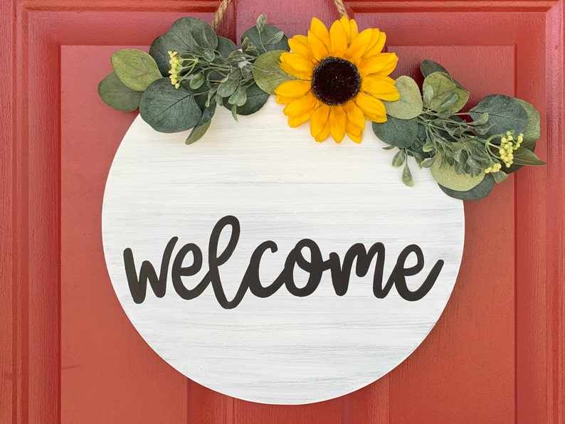 Welcome Round Front Door Sign Sunflower Door Hanger Country | Etsy