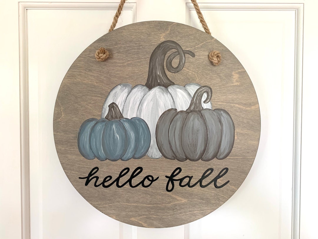 Pumpkin Door Hanger, Hello Fall Round Wood Sign, Autumn Porch Decor ...