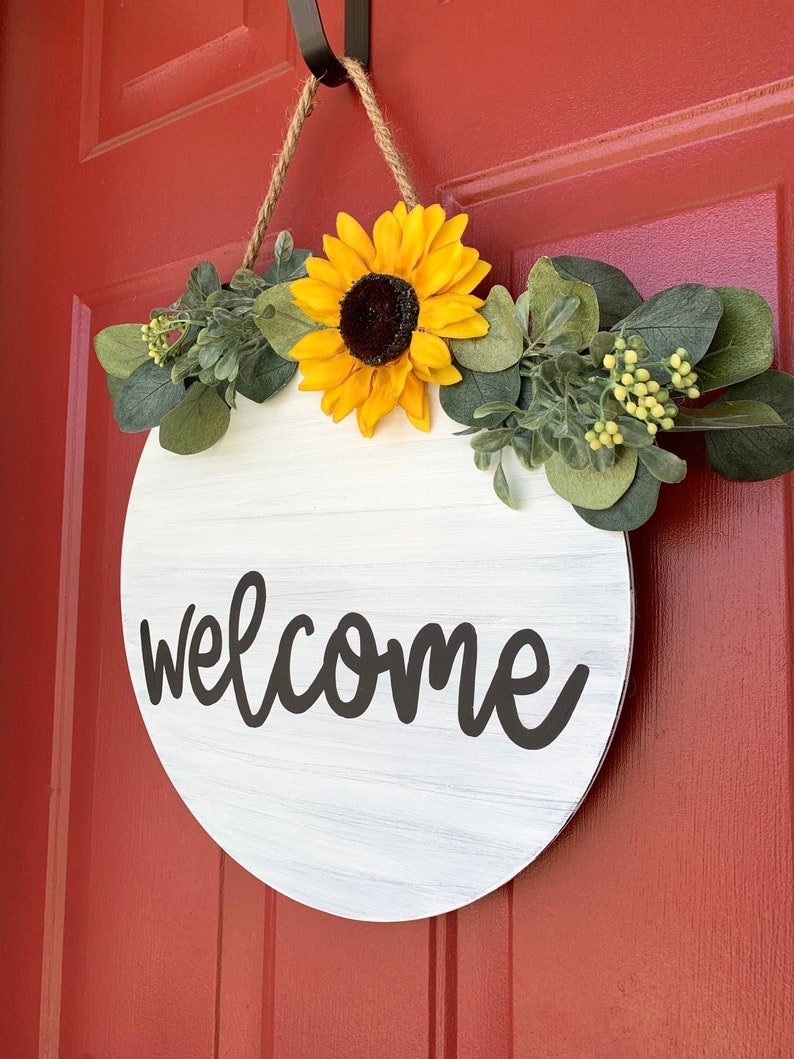Welcome Round Front Door Sign Sunflower Door Hanger Country | Etsy