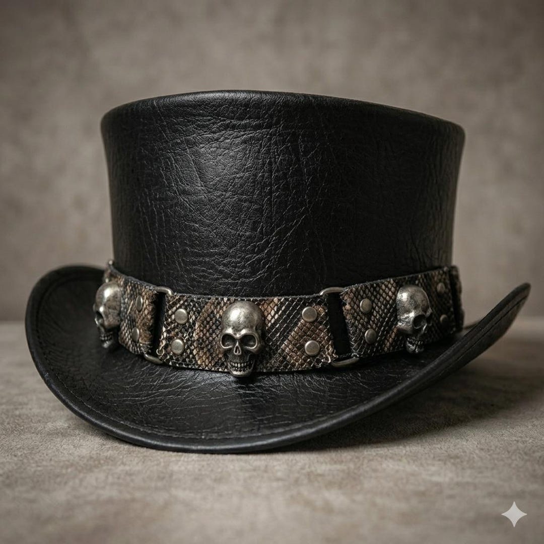 Black Leather Top Hat Skull Studded Gothic Steampunk Biker Western ...