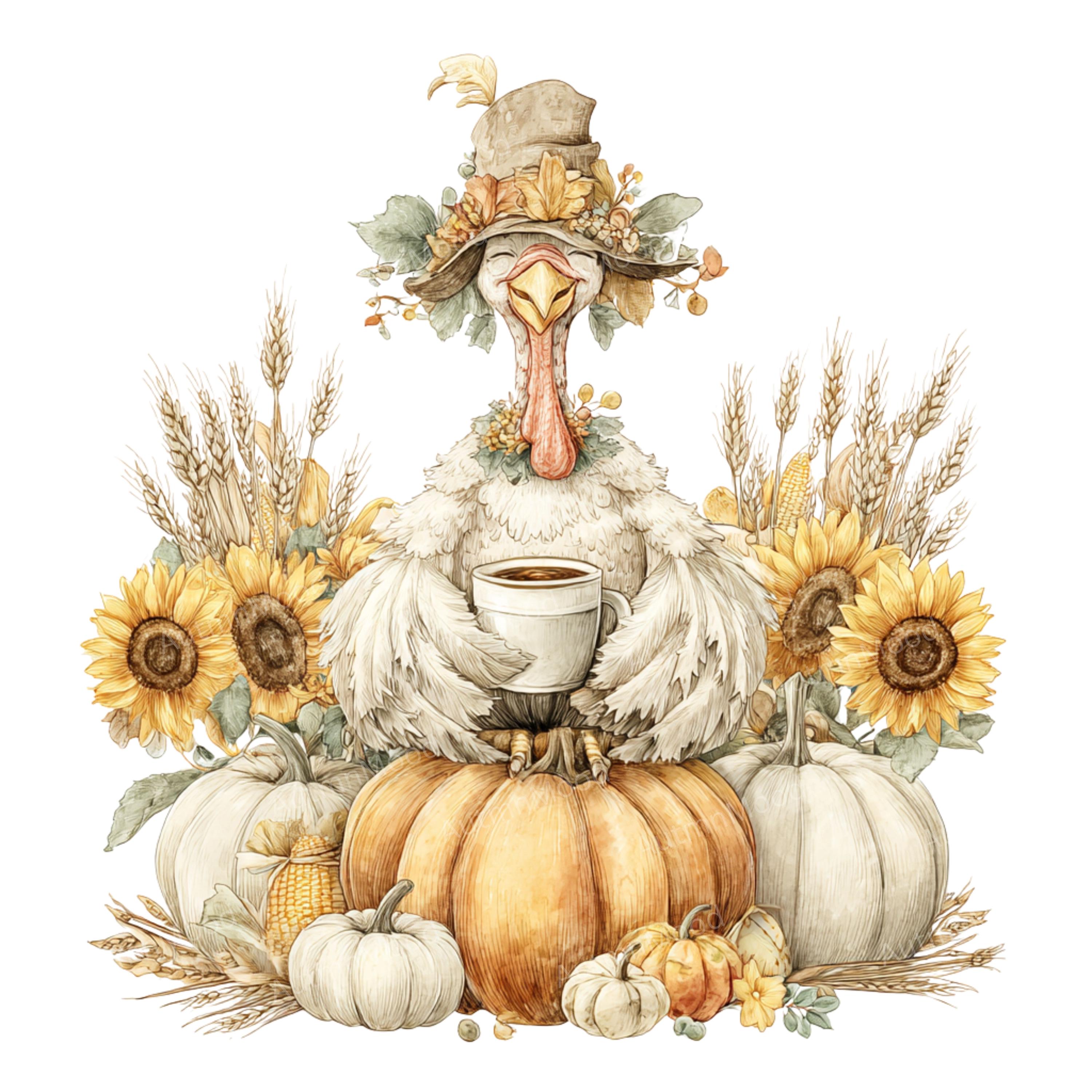 15 Thanksgiving Turkey Clipart: Autumn Tea Party, Pumpkins & Flowers ...