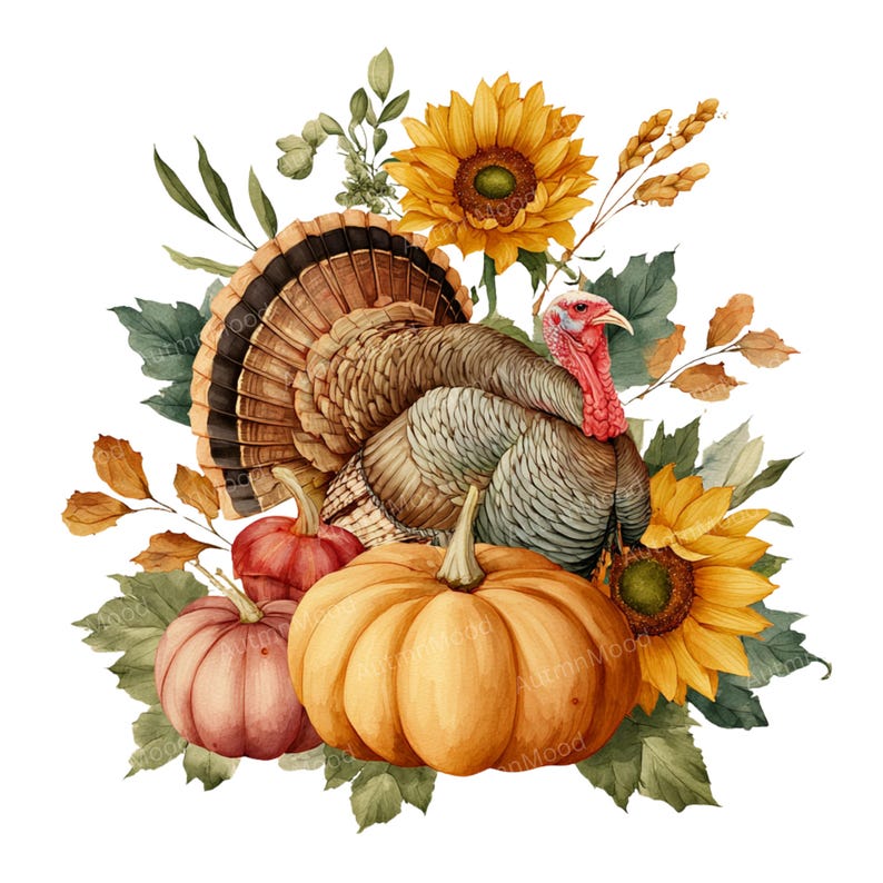 12 Thanksgiving Clipart: Turkey, Pumpkins, Sunflowers PNG (digital ...