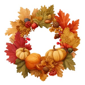 12 Fall Floral Wreath PNG Clipart: Autumn Leaves & Pumpkins (digital ...
