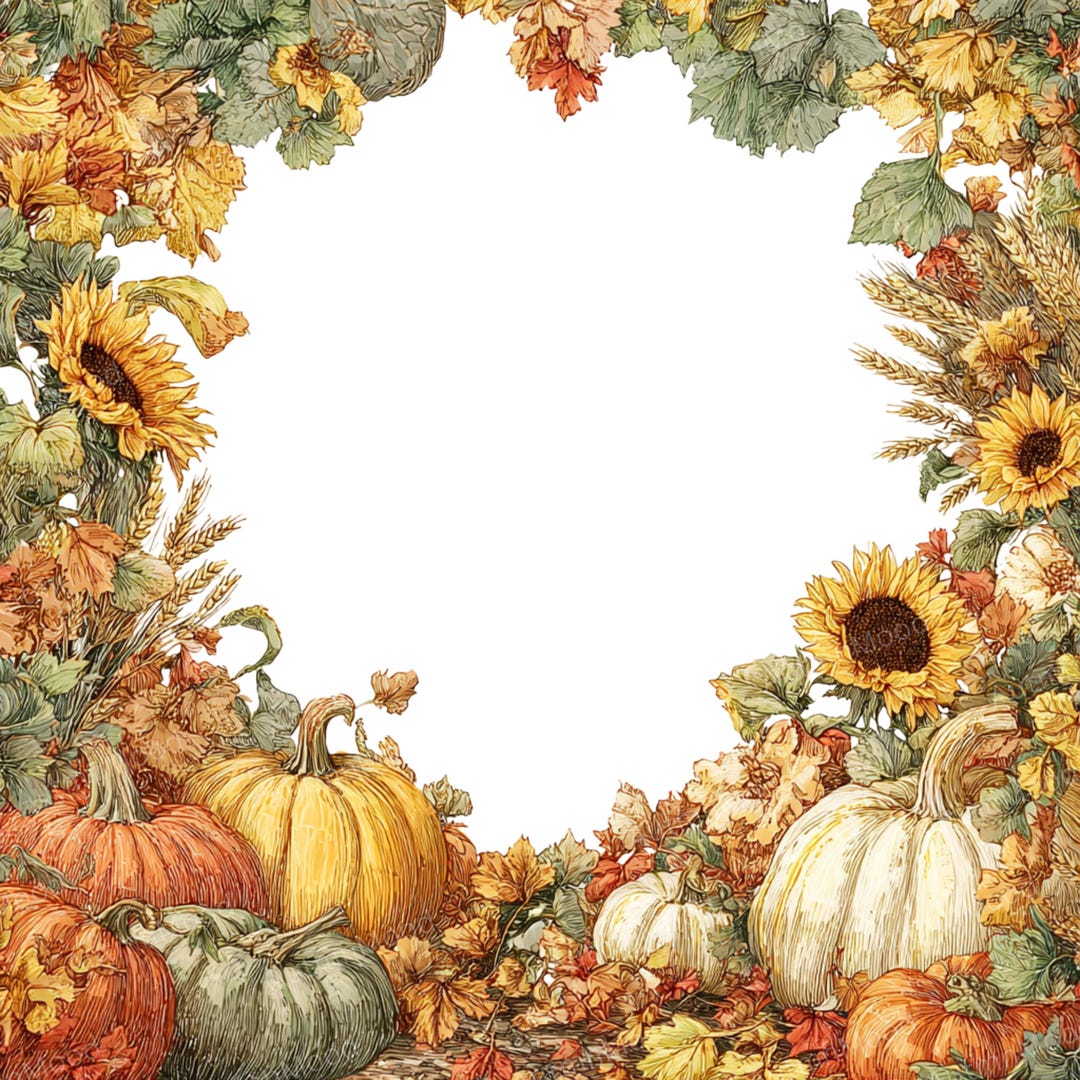Watercolor Autumn Frame Clipart: Pumpkin & Sunflower Fall Border (PNG ...
