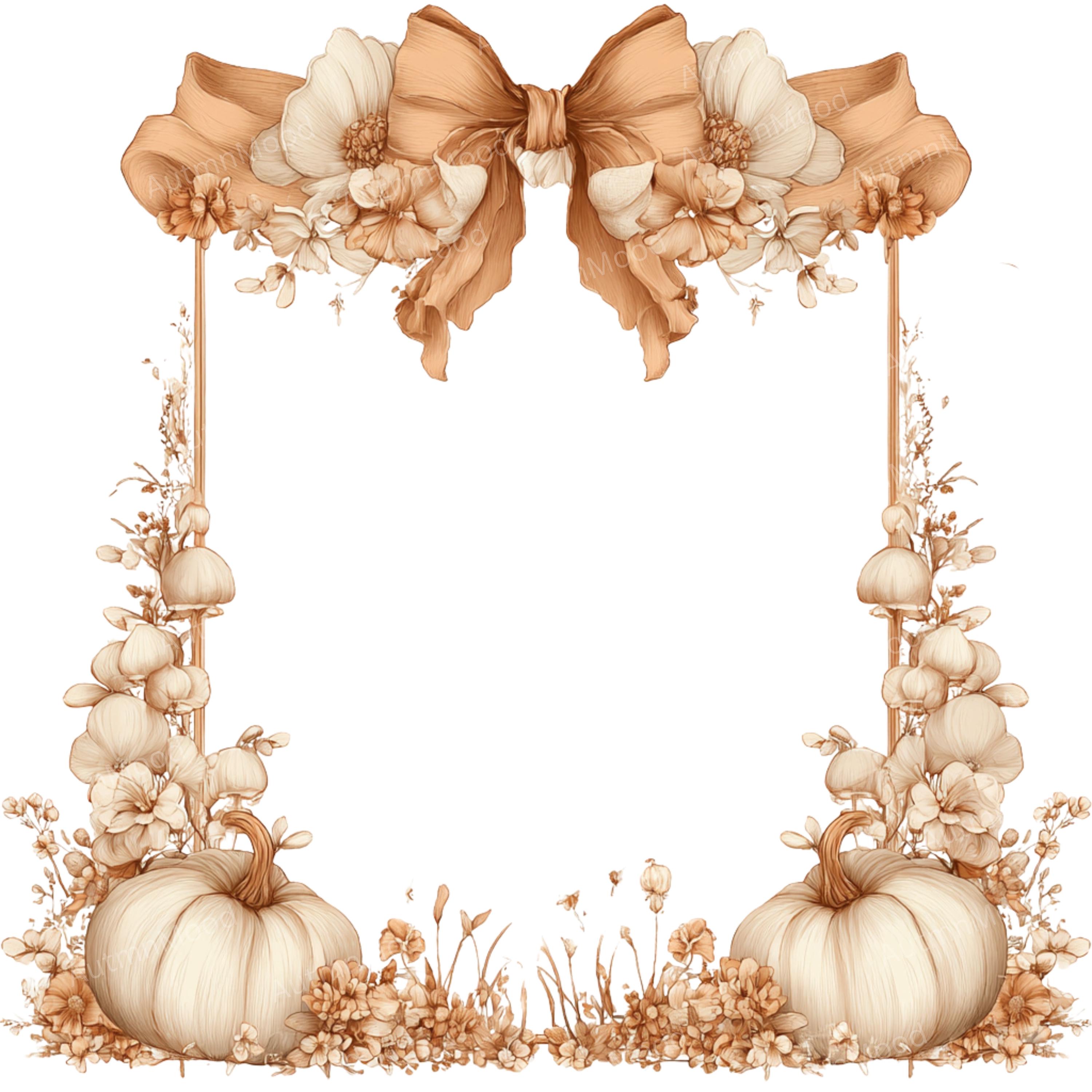 12 Fall Floral Frame Clipart: Pumpkins and Bows (12 PNG Files, Digital ...