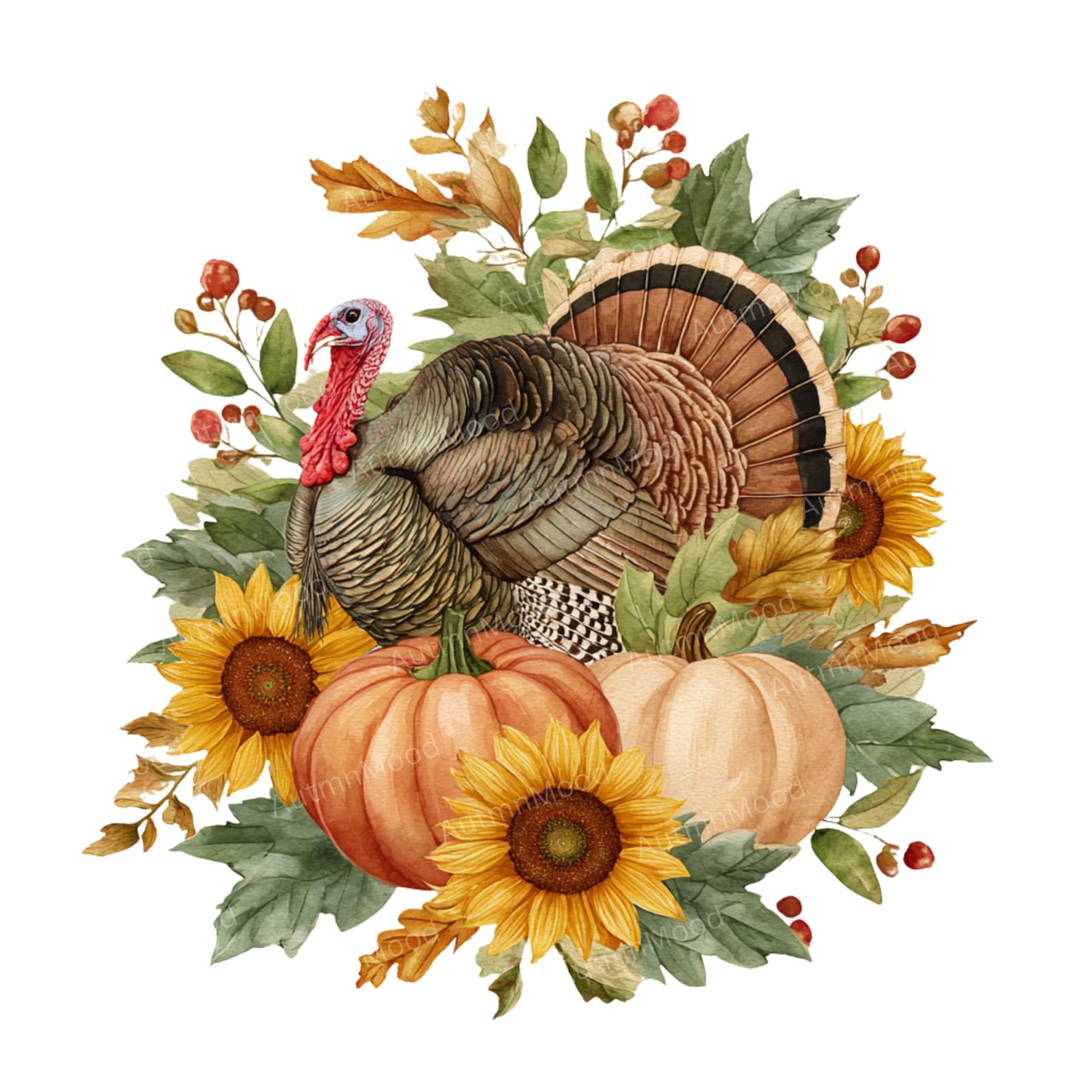 12 Thanksgiving Clipart: Turkey, Pumpkins, Sunflowers PNG (digital ...