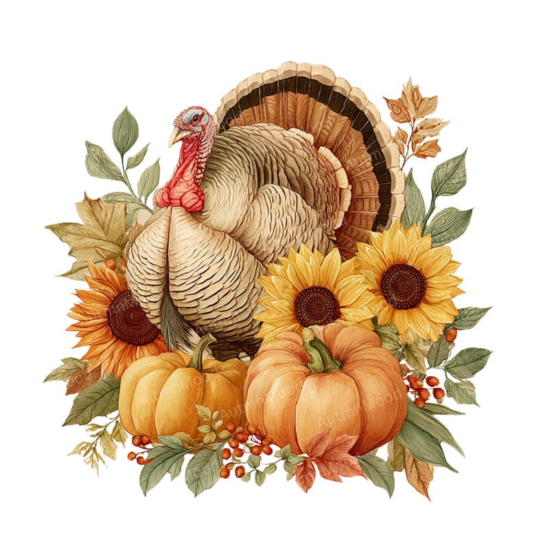 12 Thanksgiving Clipart: Turkey, Pumpkins, Sunflowers PNG (digital ...