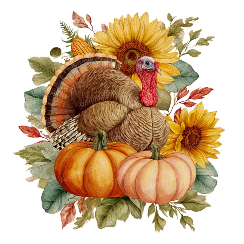 12 Thanksgiving Clipart: Turkey, Pumpkins, Sunflowers PNG (digital ...
