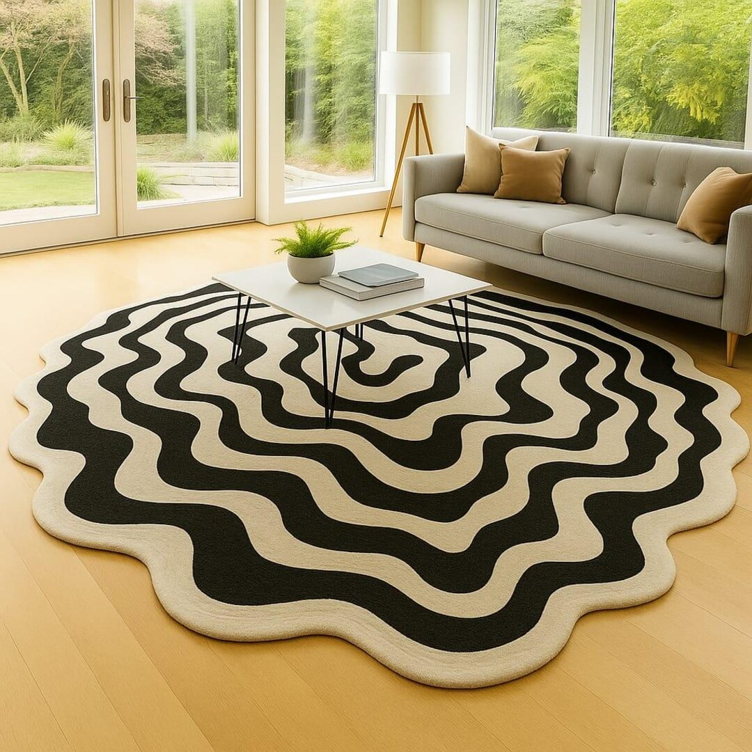 Hand Tufted Abstract Wave Rug | Black & Ivory Modern Area Rug ...