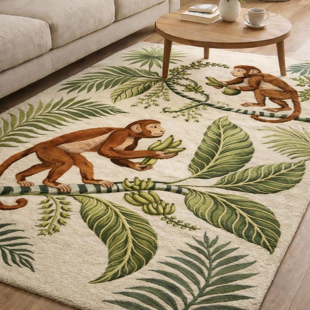 Hand Tufted Wool Rug – Playful Monkey & Botanical Design - Etsy