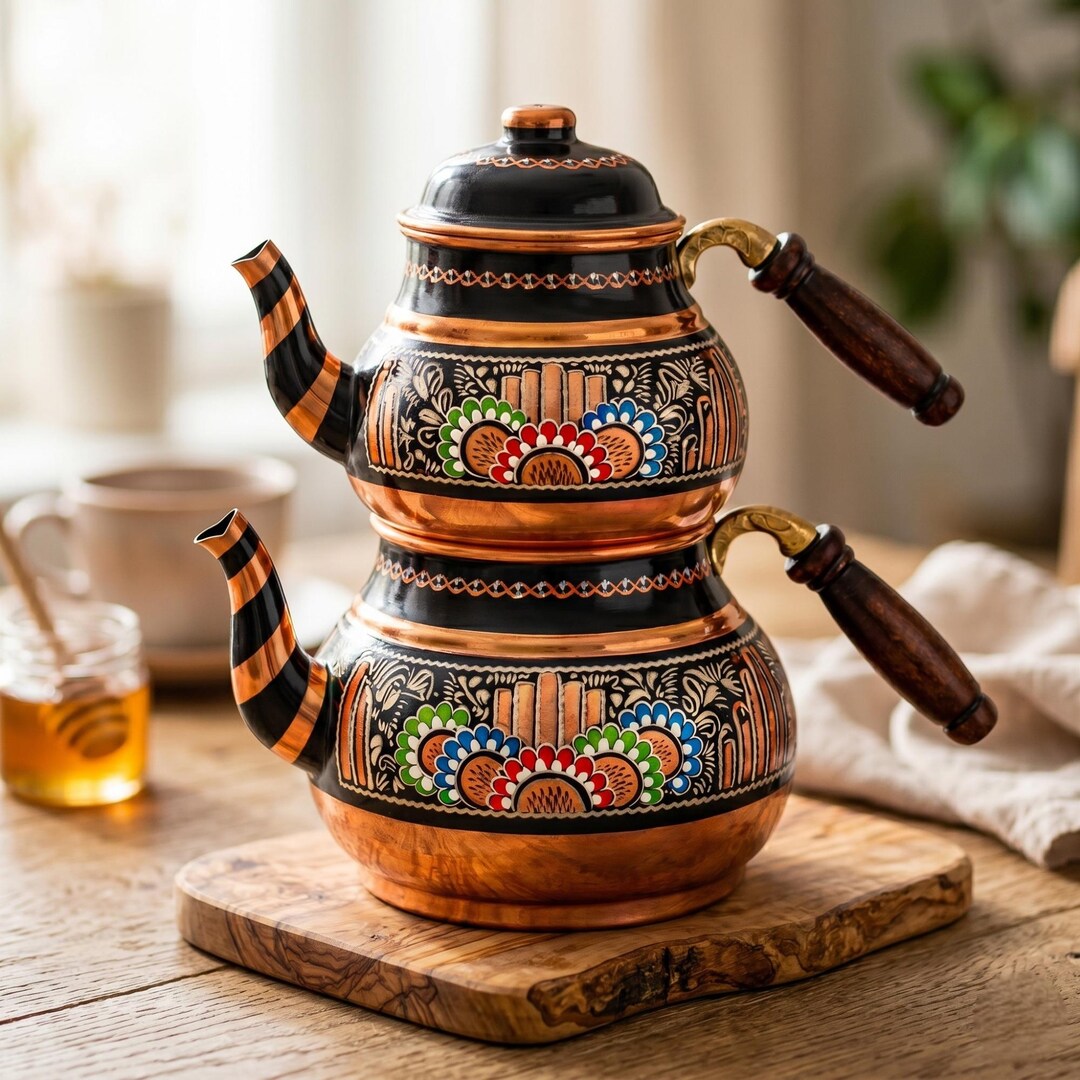 Copper Tea Kettle Set: Turkish Stovetop Teapot - Etsy
