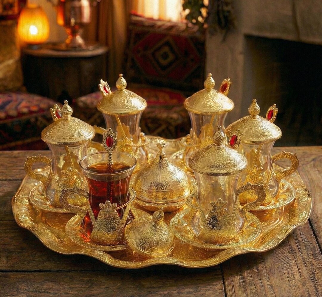 6 Person Luxury Brass Turkish Tea Set | Ottoman Style Tea Glasses With ...