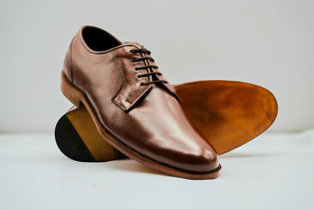 Men's Handmade Genuine Brown Leather Derby Lace up Formal Wear Casual ...