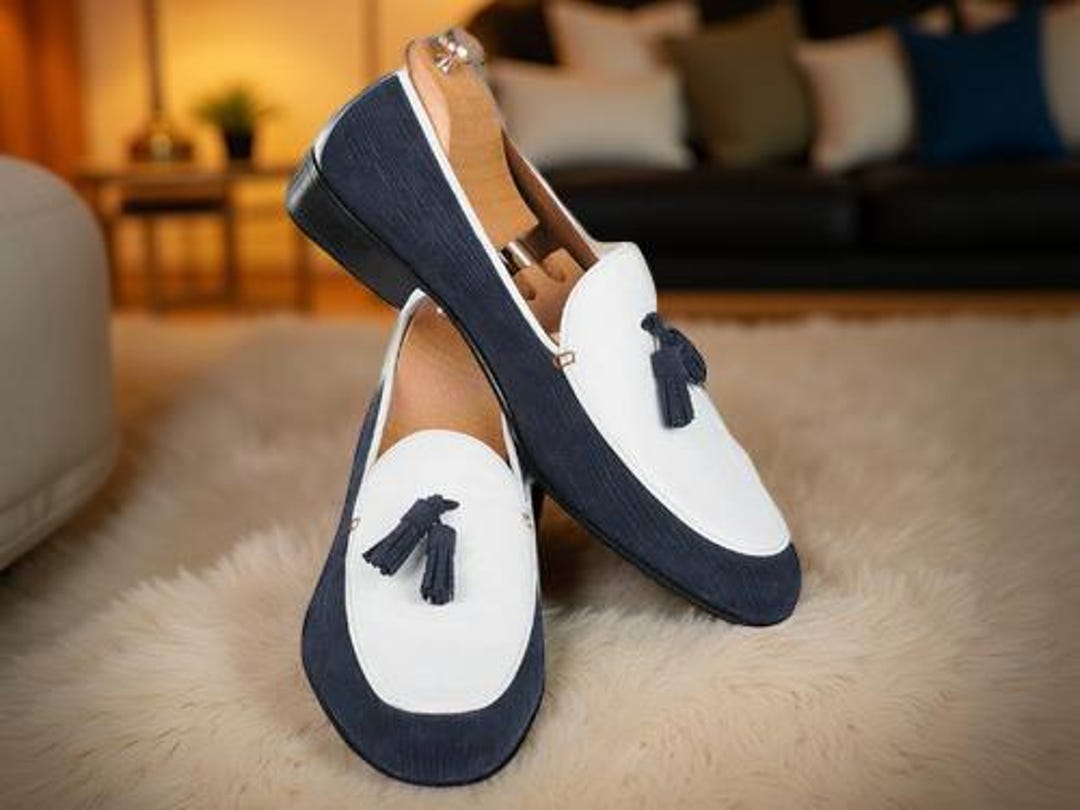 Men's Handmade Navy Blue and White Colour Leather Tussle Loafer Shoes ...