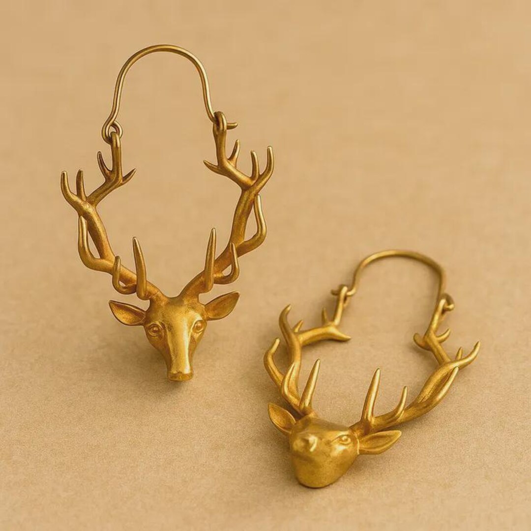 Deer Antler Hoop Earrings, Gold Stag Head Earrings, Forest Animal ...