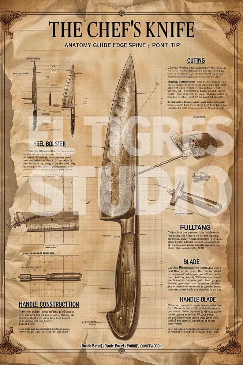 Vintage Chef Knife Blueprint Poster, Kitchen Knife Anatomy Chart ...