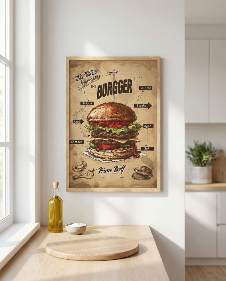 Vintage Burger Blueprint Poster – Classic Cheeseburger Illustration ...