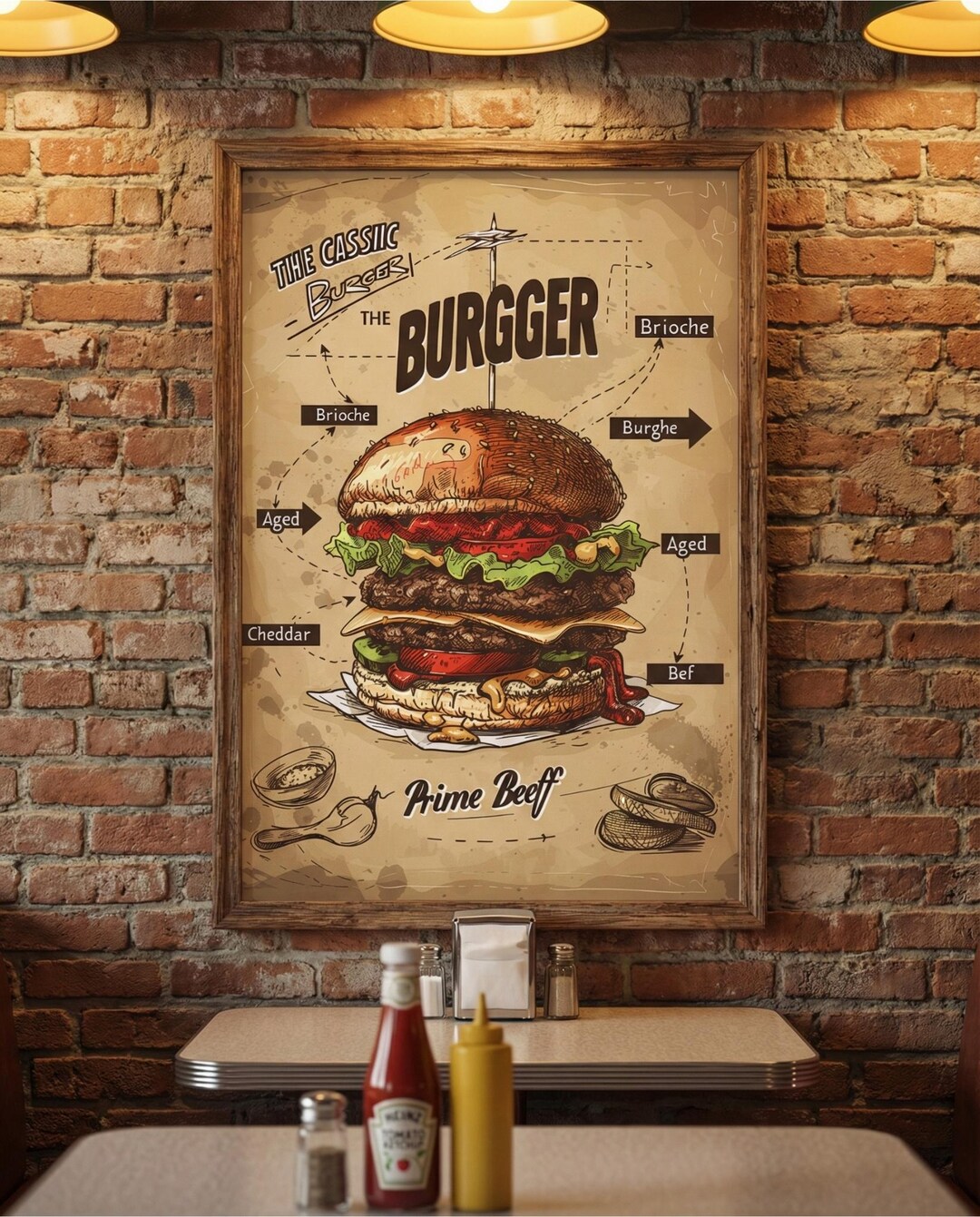 Vintage Burger Blueprint Poster – Classic Cheeseburger Illustration ...