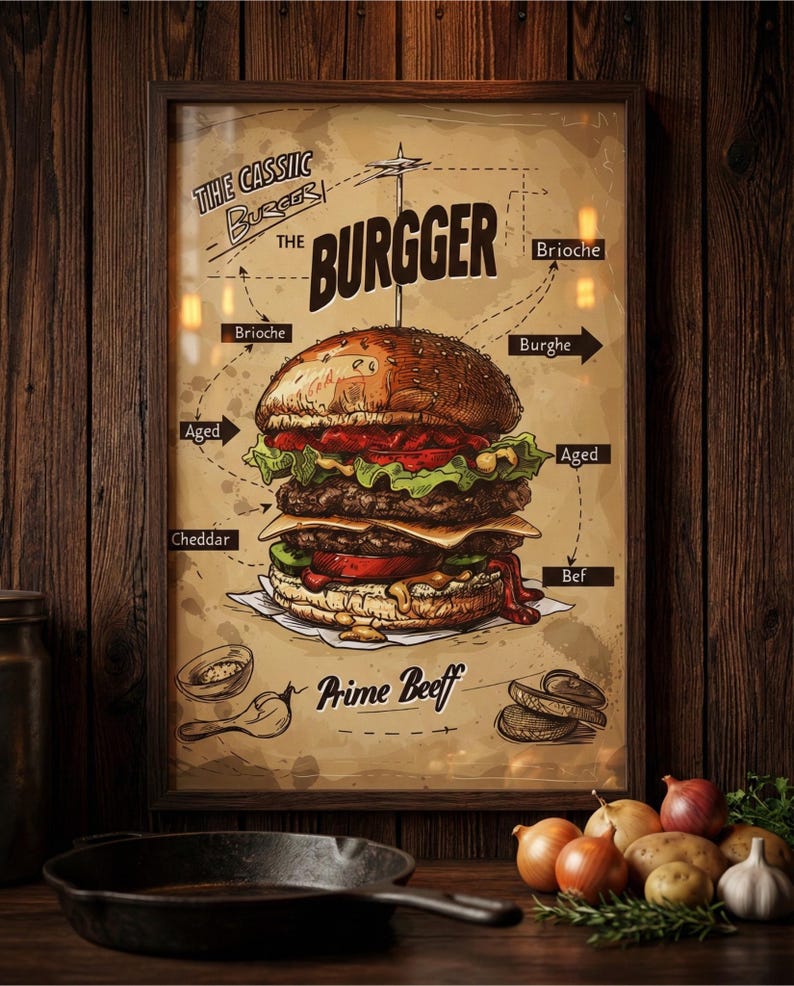 Vintage Burger Blueprint Poster – Classic Cheeseburger Illustration ...