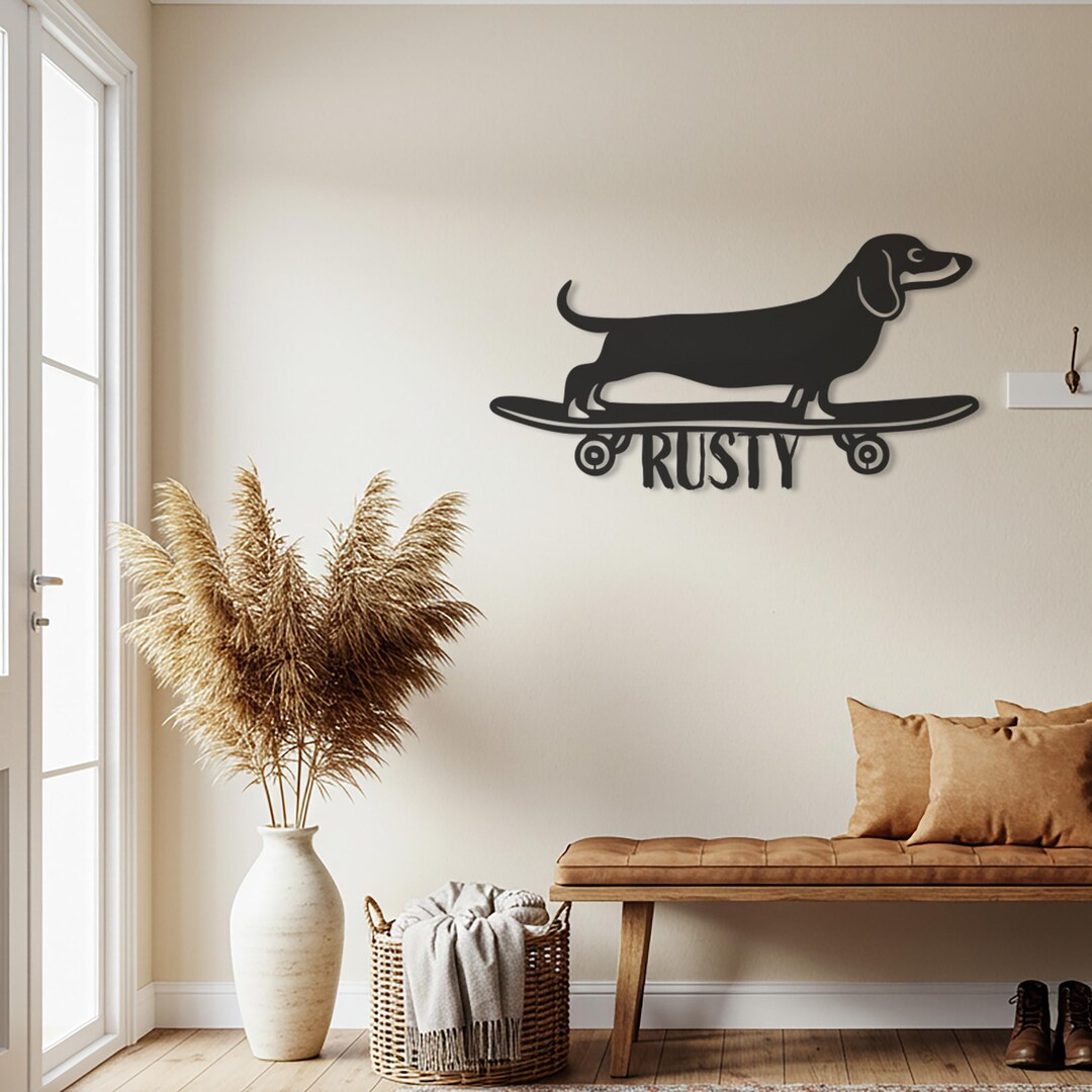 Custom Dog Metal Wall Art, Personalized Dachshund Name Sign, Skateboard ...