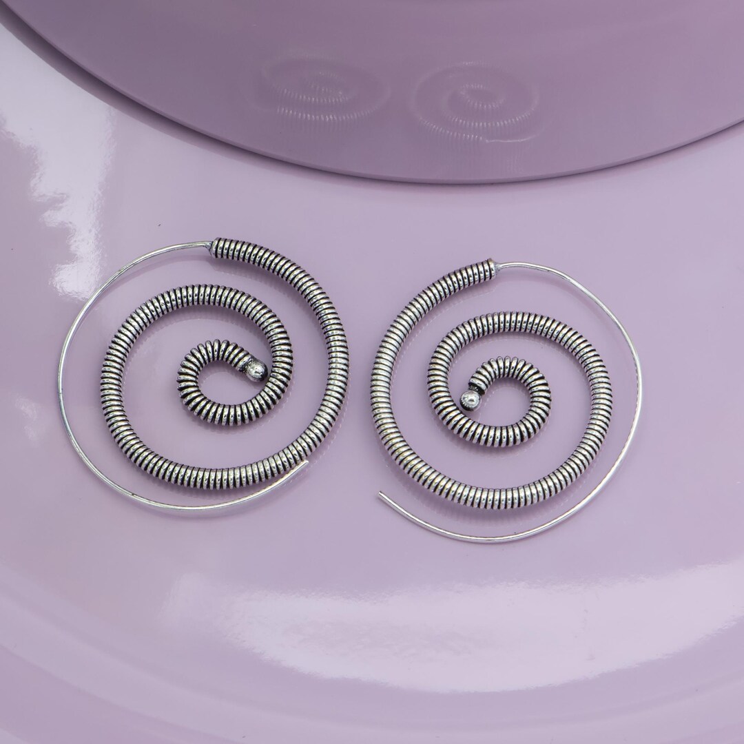 Silver Spiral Hoop Earrings Coiled Wire Statement Earrings Boho Tribal ...