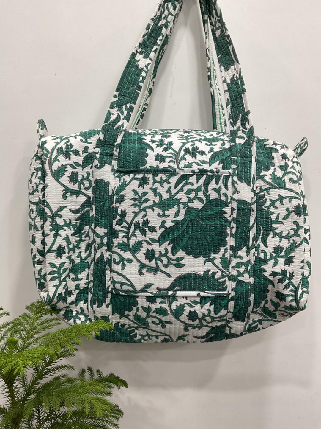 Block Print Quilted Cotton Duffle Bag: Hand Flower Printed Travel Bag ...