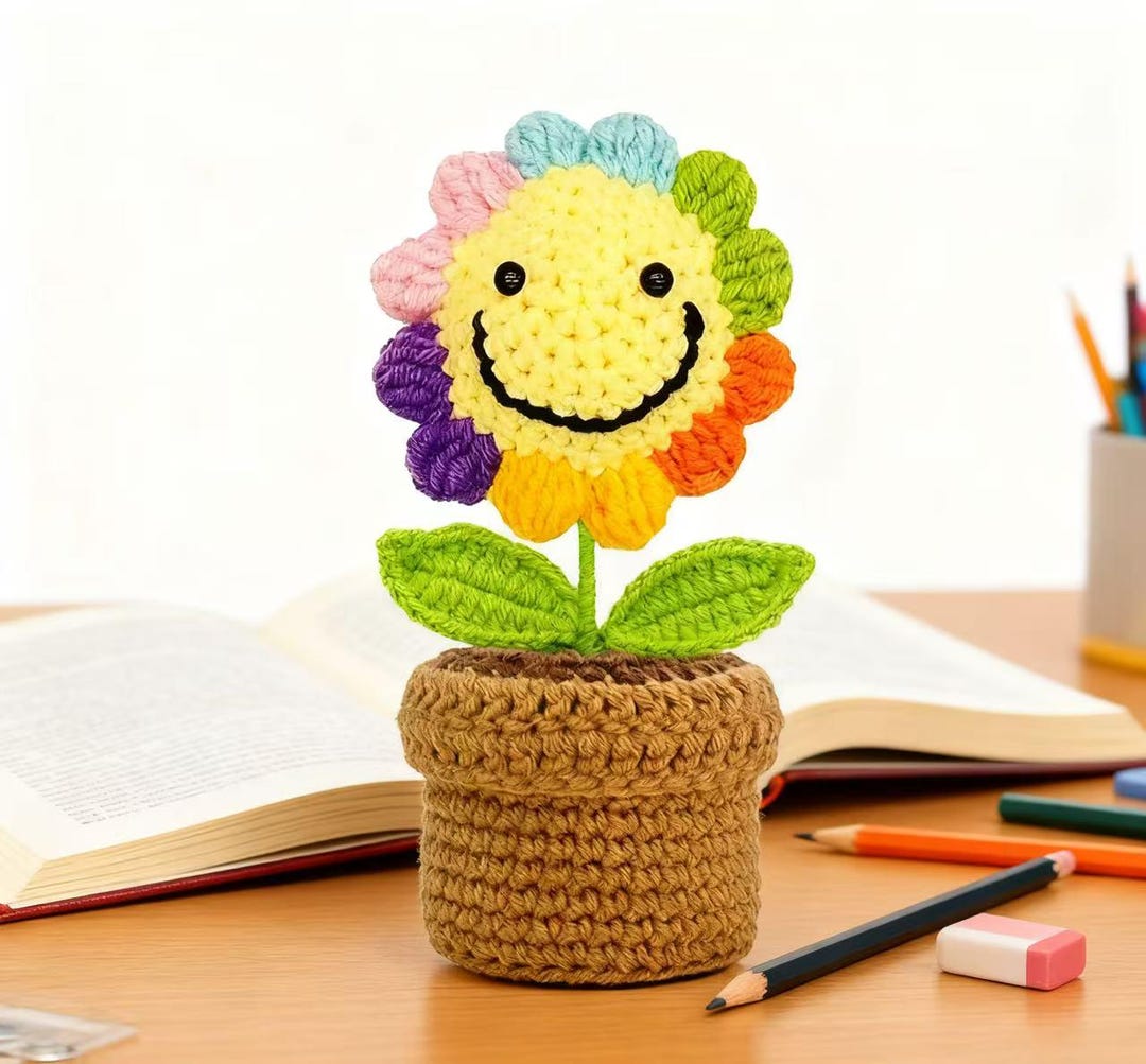 Handmade Crochet Smiley Flower Pot Decor - Colorful Desk Buddy Potted ...