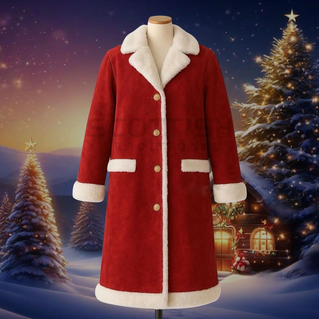 Red Suede Santa Coat: Faux Fur Trim, Embroidered Christmas Tree Gift ...