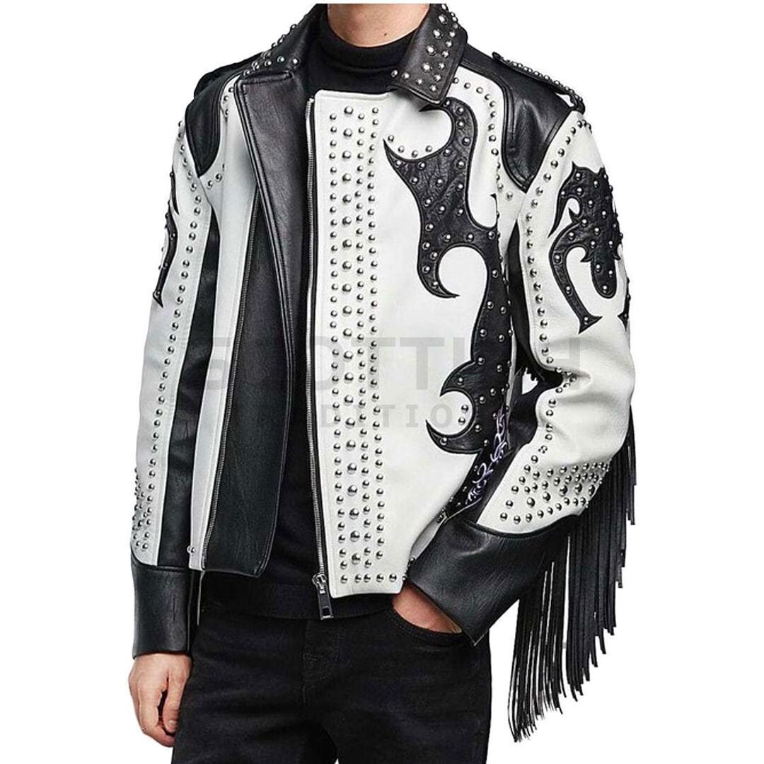 Men’s White & Black Punk Studded Leather Jacket - Brando Biker ...