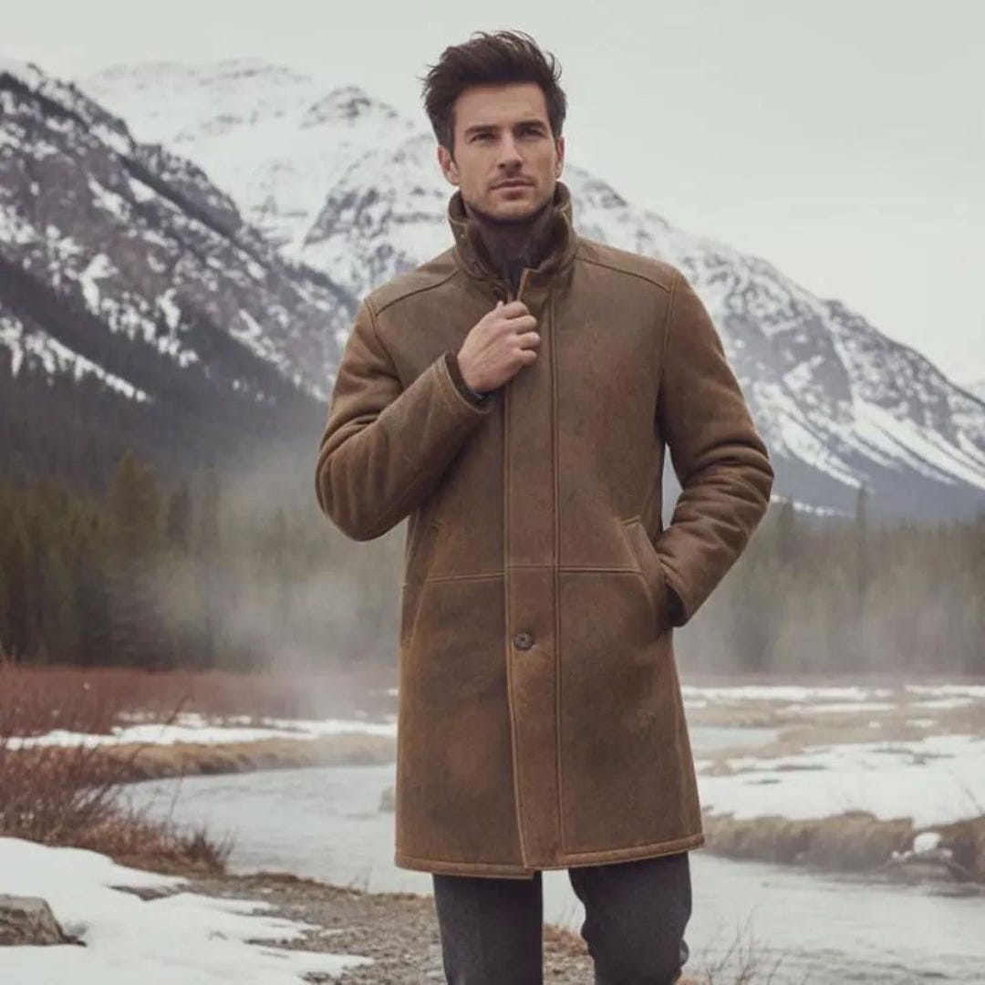 Men’s Sheepskin Leather Coat Vintage Brown Shearling Overcoat High ...