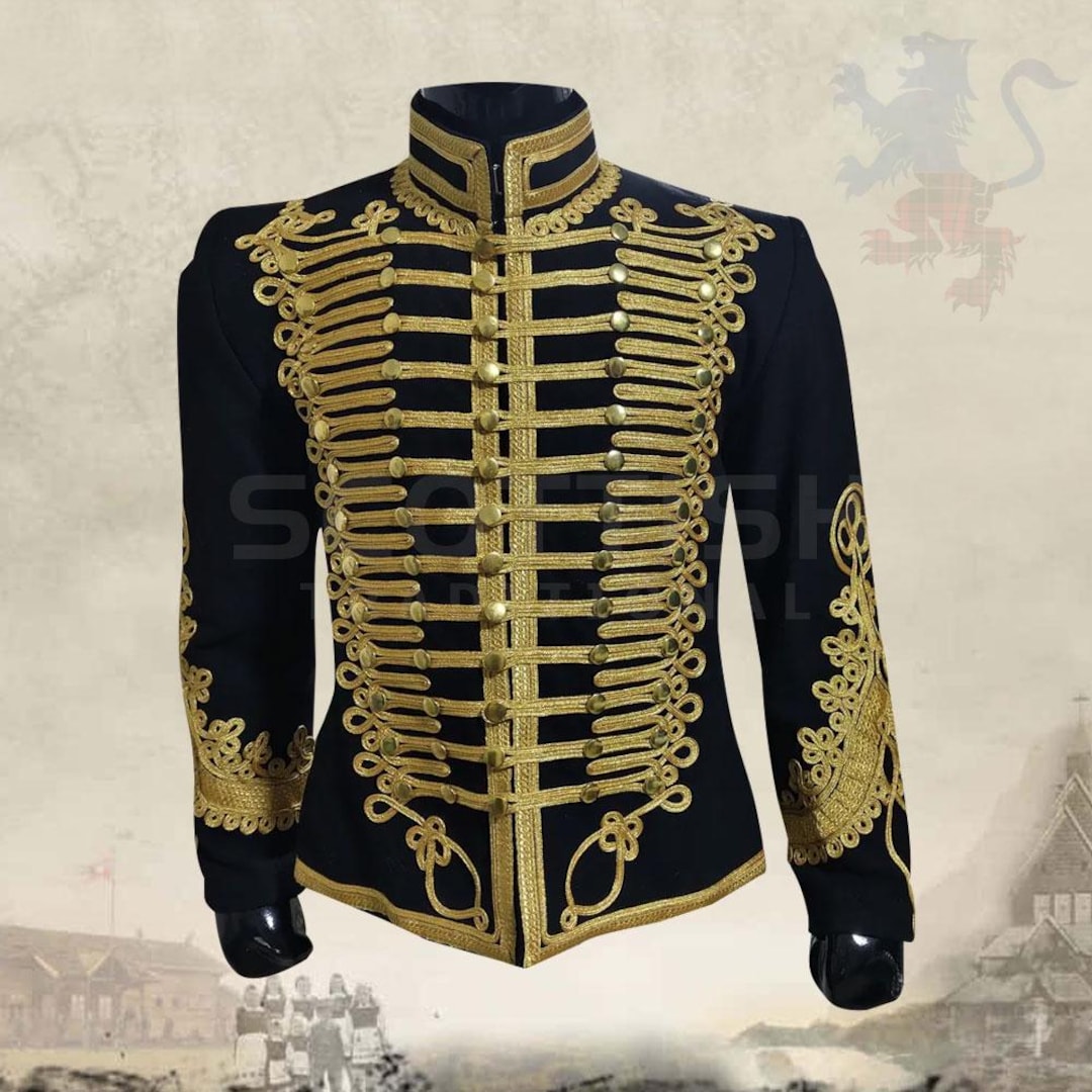 Black Wool Napoleonic Hussar Military Band Jacket – Gold Braided Parade ...